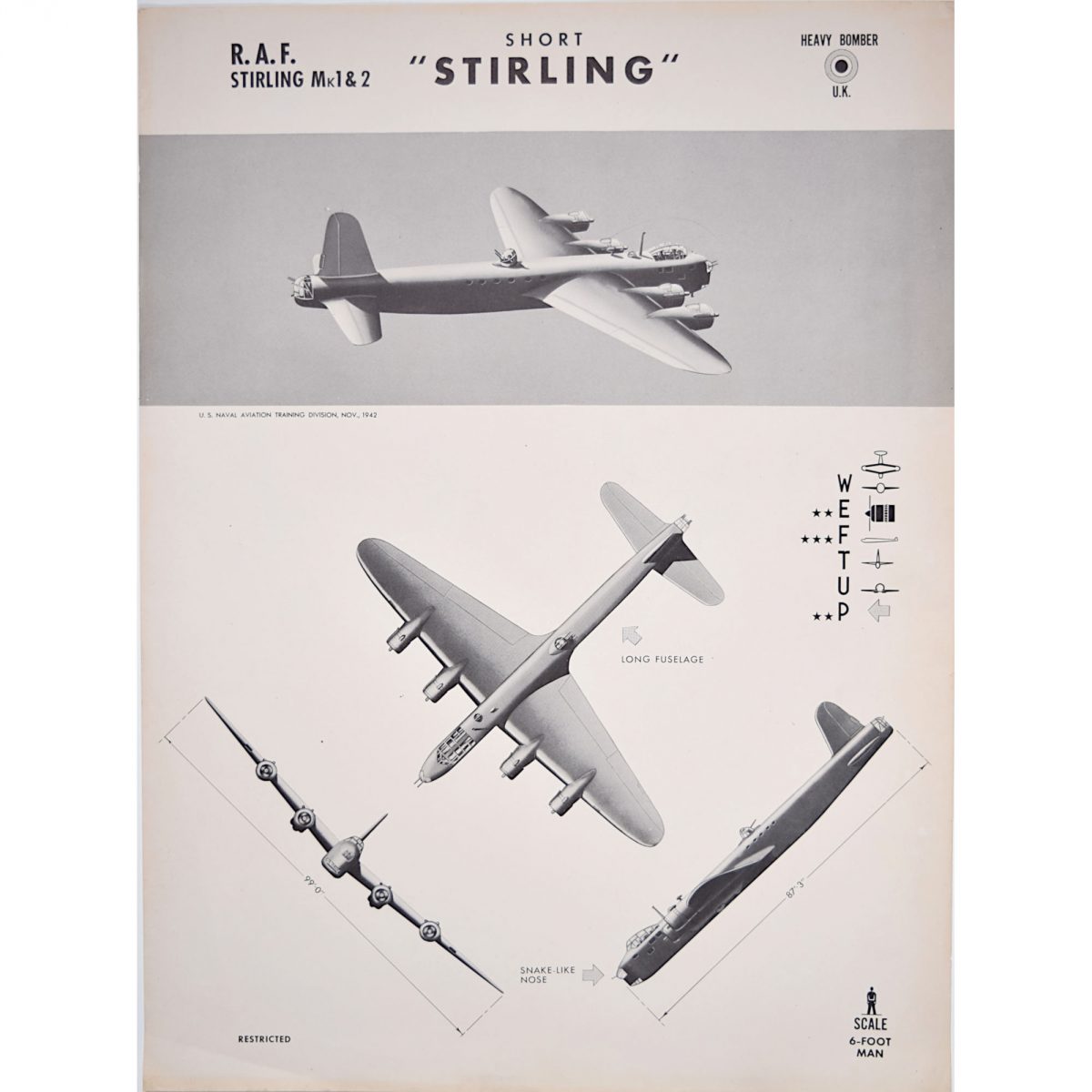 1943 Short Stirling heavy bomber aeroplane recognition poster US Navy ...