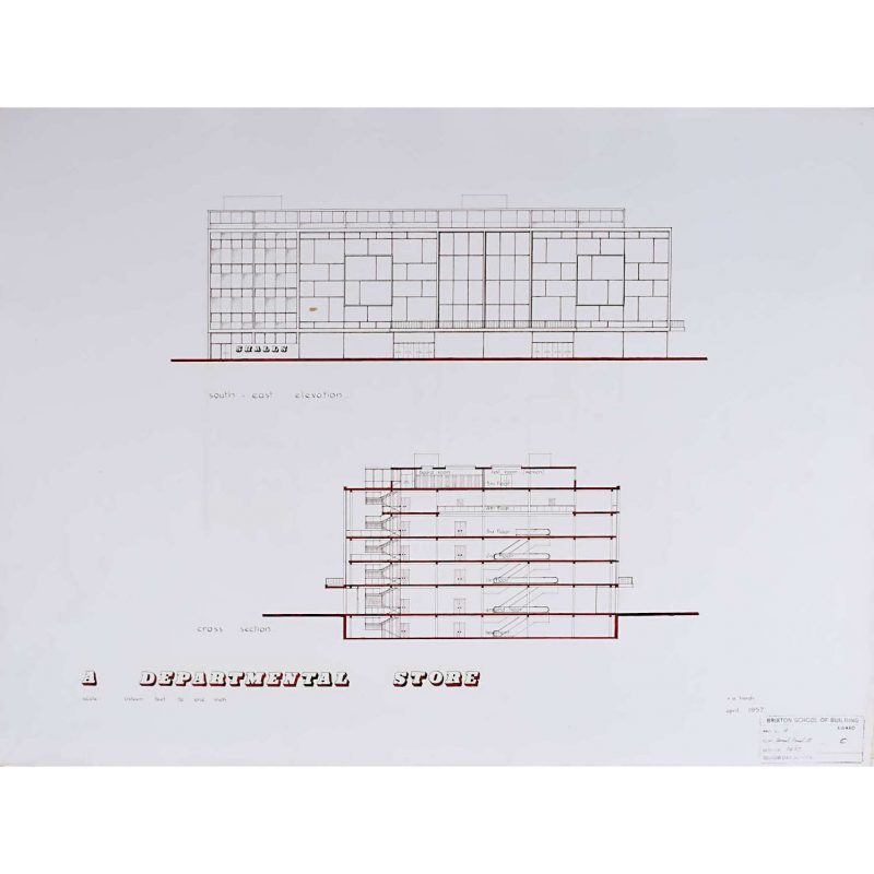 Design for a Modernist department store mid-century architectural drawing
