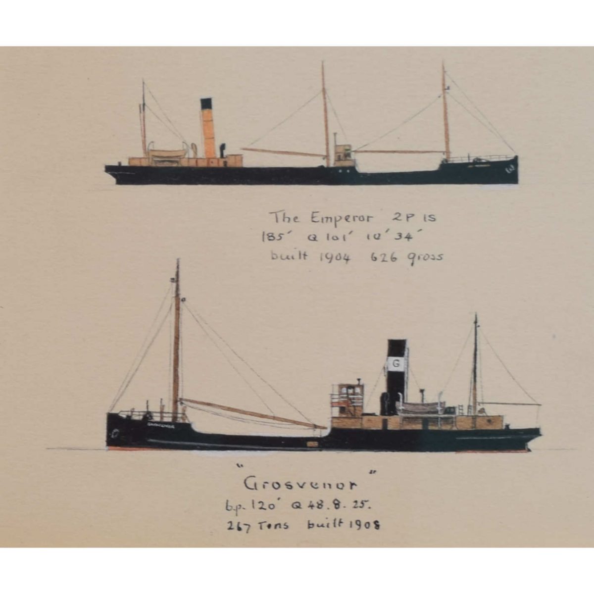 Laurence Dunn: The Emperor and Grosvenor coastal tramp ships watercolour