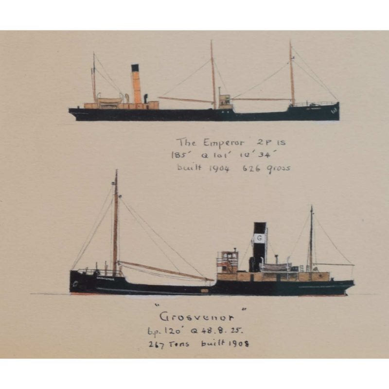 Laurence Dunn: The Emperor and Grosvenor coastal tramp ships watercolour