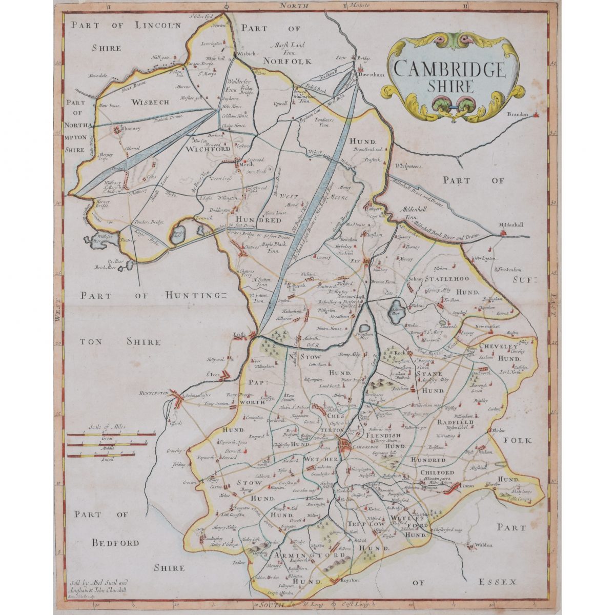 Map of Cambridge 18th century engraving by Sutton Nichols