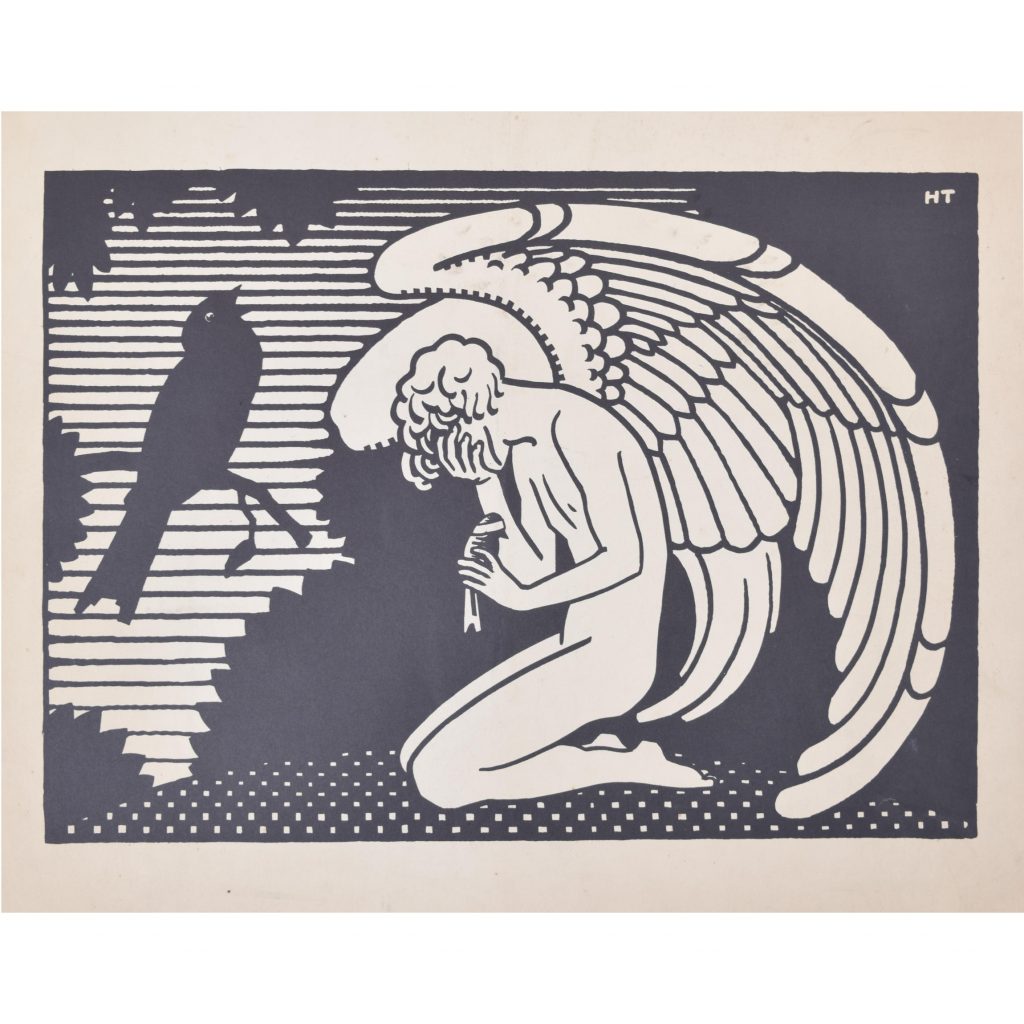 Raven and Angel black and white block print c. 1930 signed 'HT ...