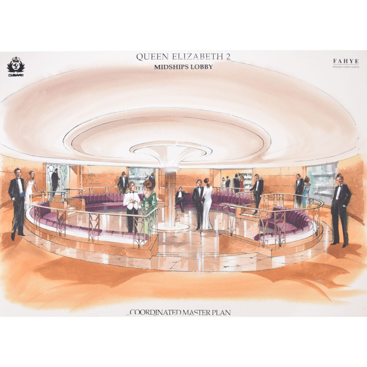 Queen Elizabeth 2 Cunard Midships Lobby gouache design by Fahye Design