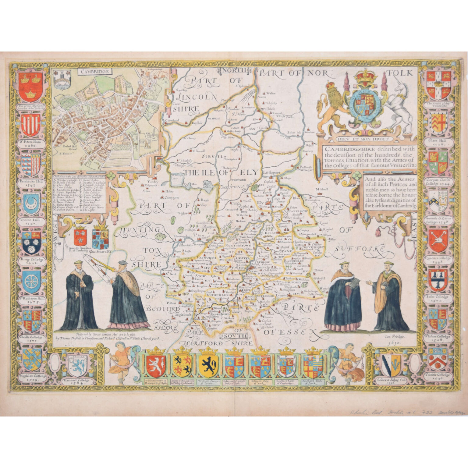 Cambridgeshire map 17th century engraving by John Speed